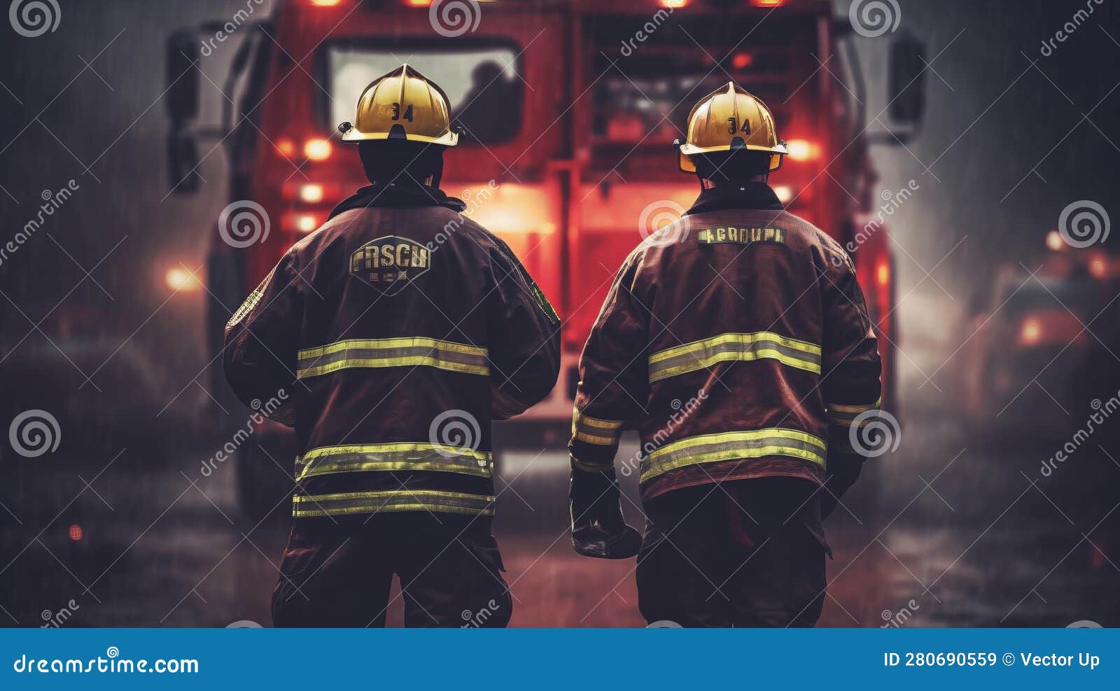 Firemen in Uniform and Helmet Near Fire Engine Back View. Generative AI ...