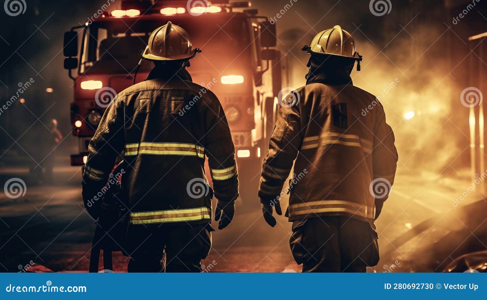 Firemen in Uniform and Helmet Near Fire Engine Back View. Generative AI ...