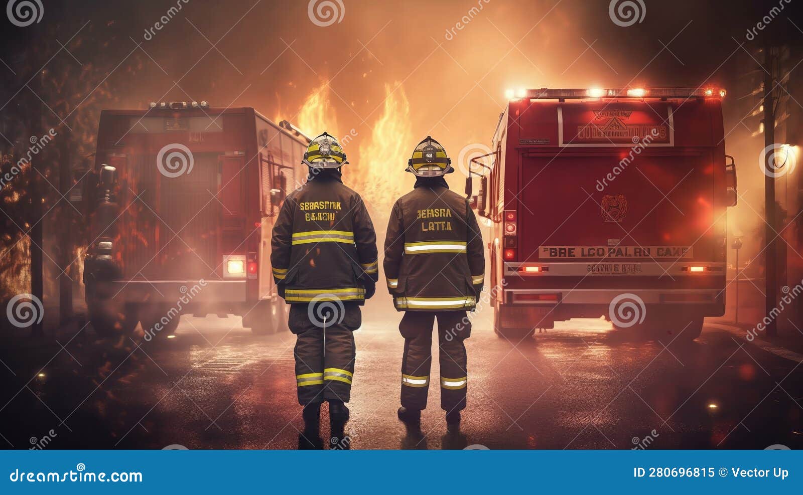 Firemen in Uniform and Helmet Near Fire Engine Back View. Generative AI ...
