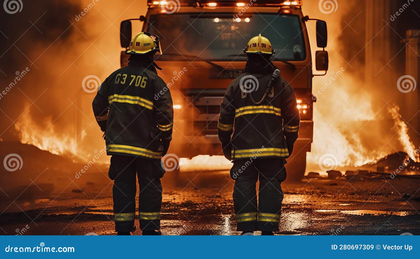 Firemen in Uniform and Helmet Near Fire Engine Back View. Generative AI ...