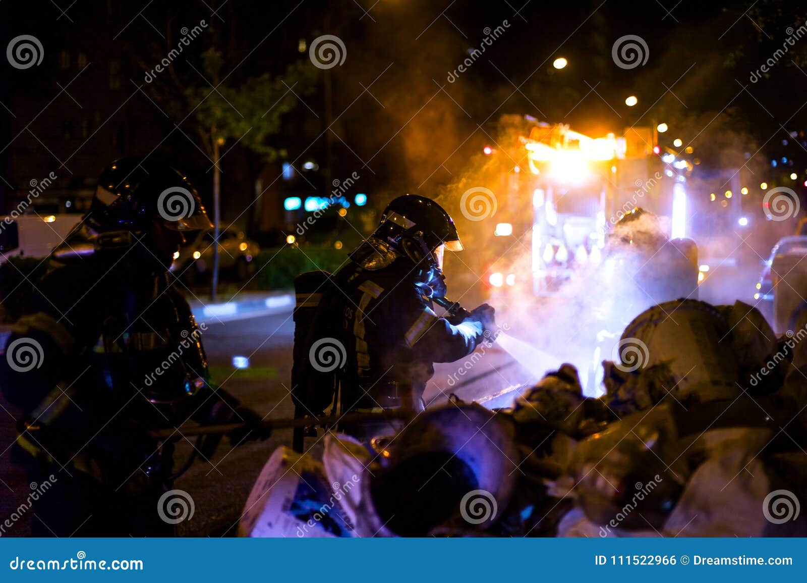 The Firemen Work in a Night Fire. Madrid Spain Editorial Photo - Image ...