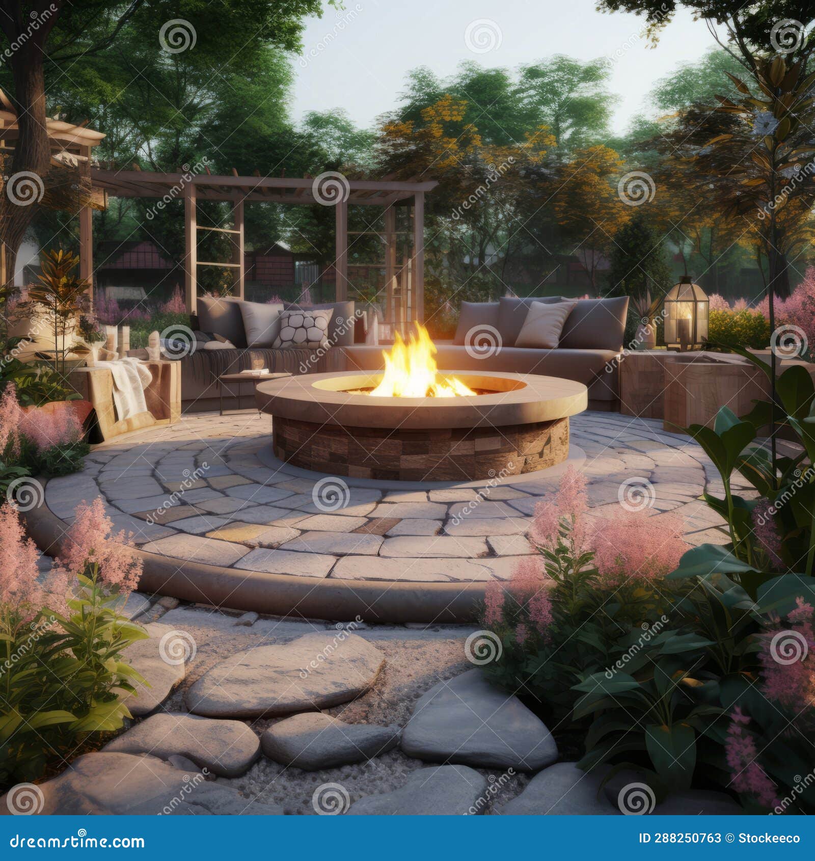 Muted Color Palette Garden with Stone Fire Pit and Seating Area Stock ...