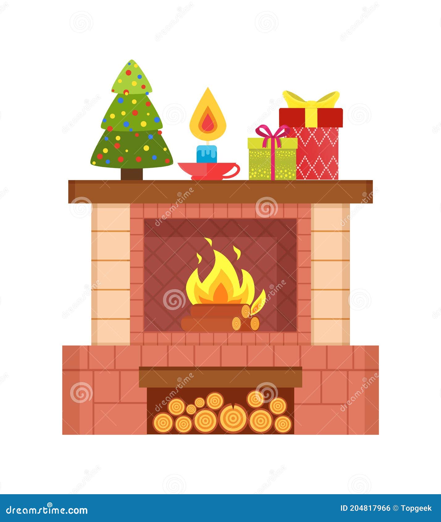 Fireplace with Burning Fire, Decorated Spruce Tree Stock Vector ...
