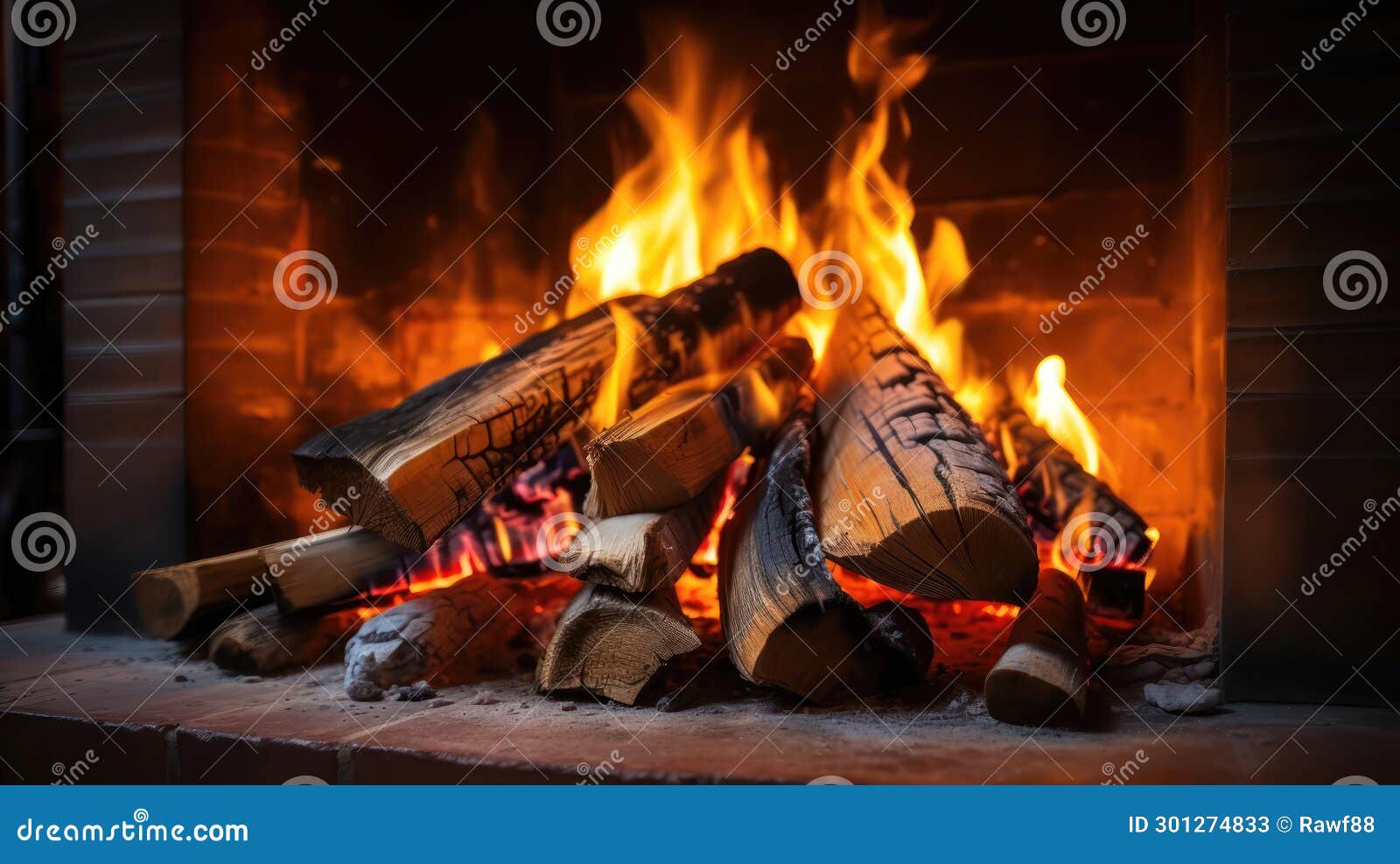 Fireplace with Burning Logs Closeup View Stock Illustration ...