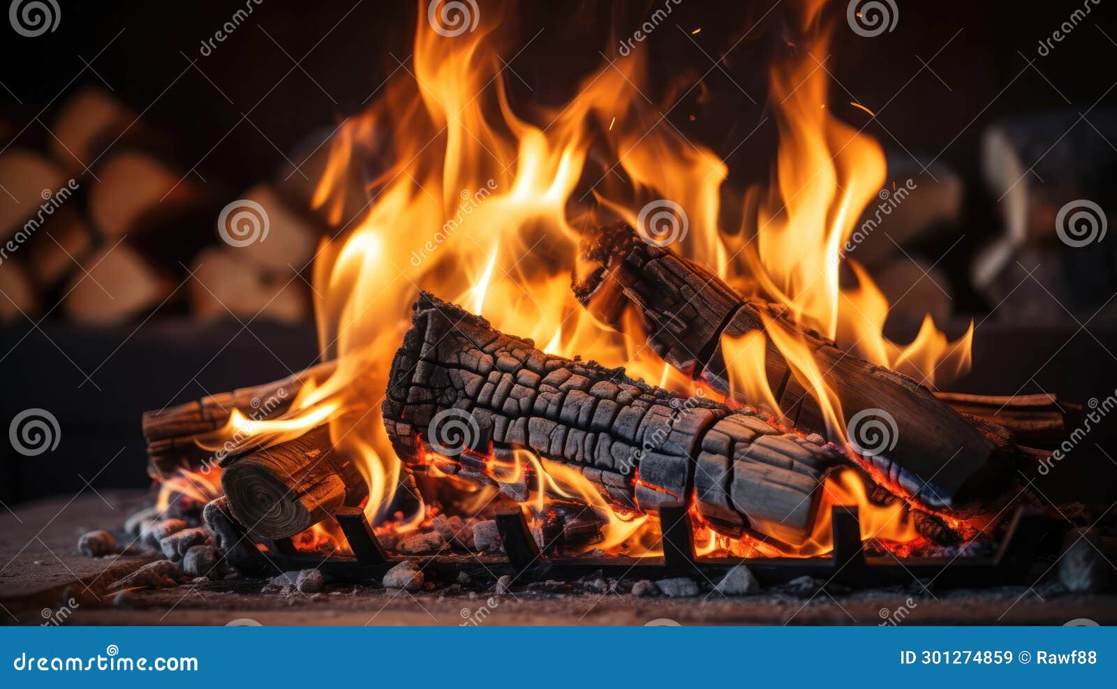Fireplace with Burning Logs Closeup View Stock Illustration ...