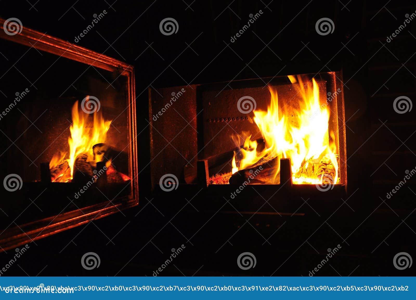 Fireplace with Burning Wood, at Night Stock Image - Image of dark ...