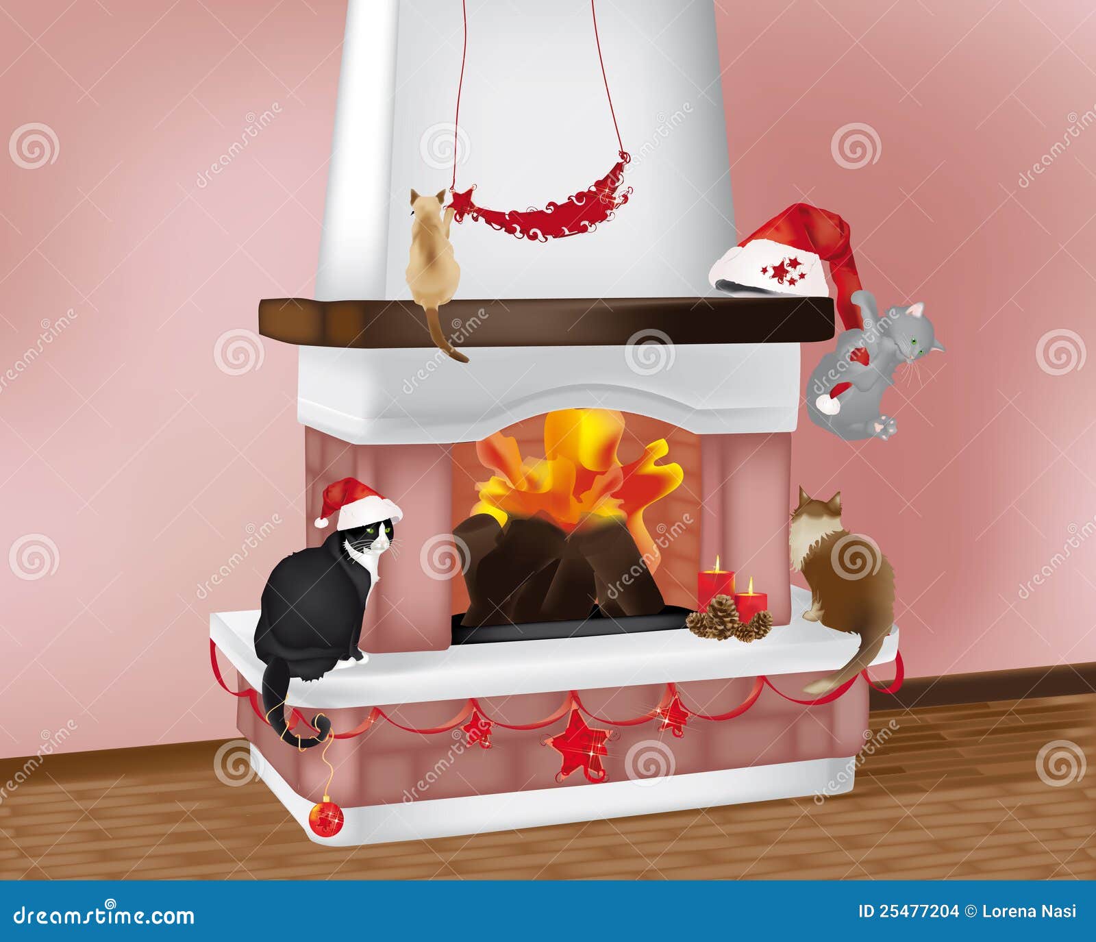Fireplace and Christmas Cats Stock Vector - Illustration of ornaments ...