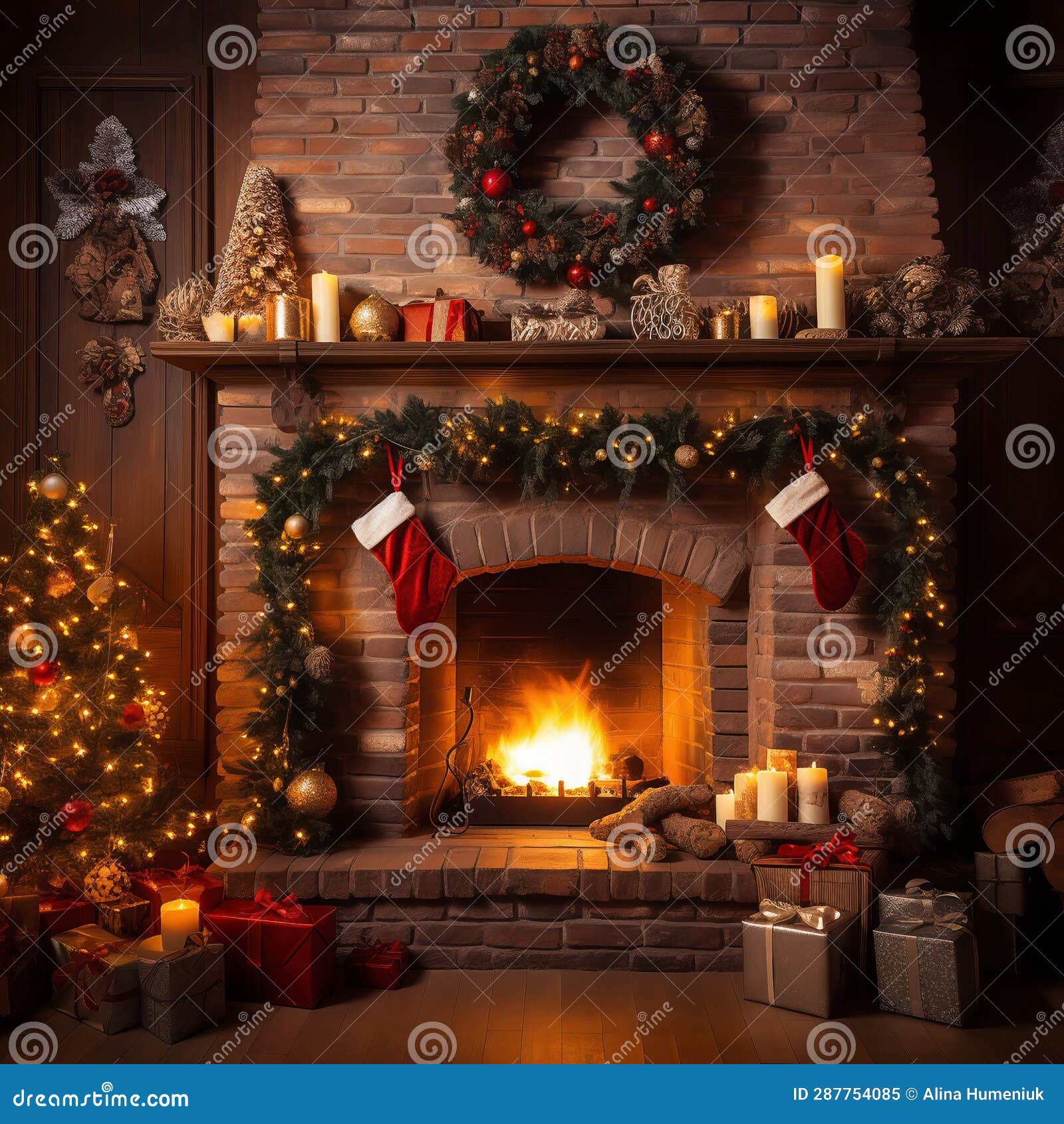 Fireplace with Christmas Tree Decorations, Candles and Presents. Cozy ...
