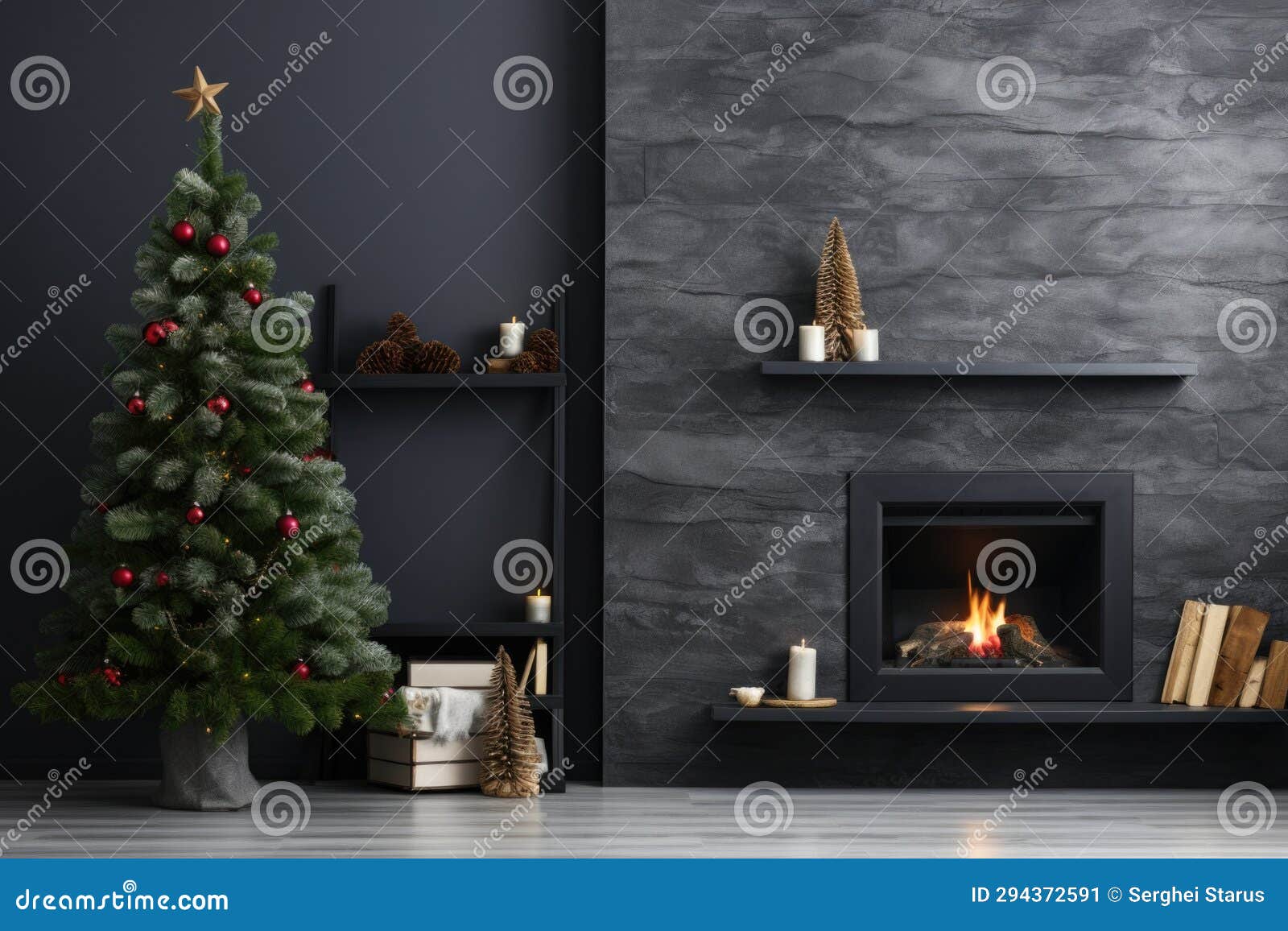 A Fireplace with a Christmas Tree and a Fireplace, AI Stock Image ...