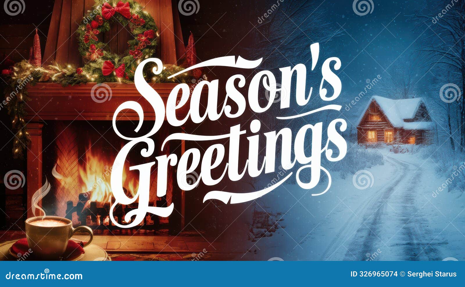 A Fireplace with a Cup of Coffee and the Words Seasons Greetings, AI ...