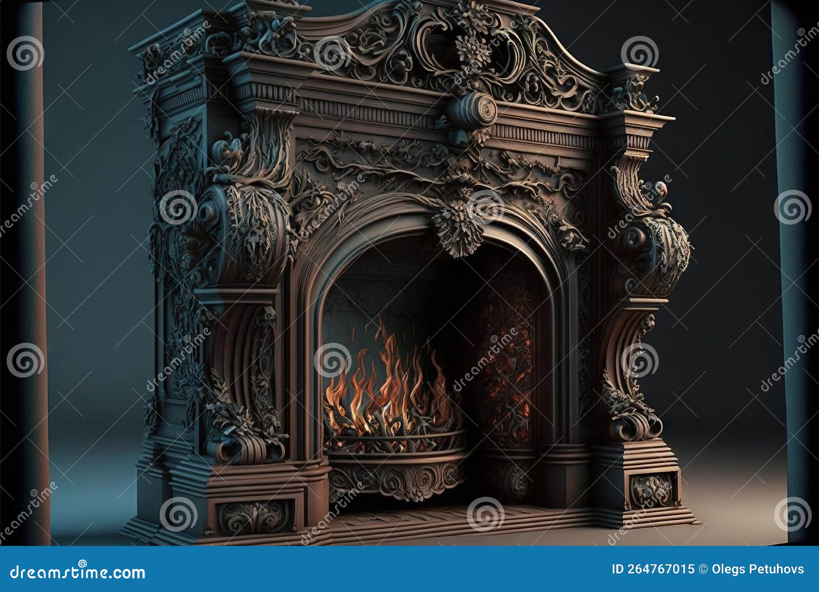 A Fireplace with a Fire Burning Inside of it on a Dark Background with ...