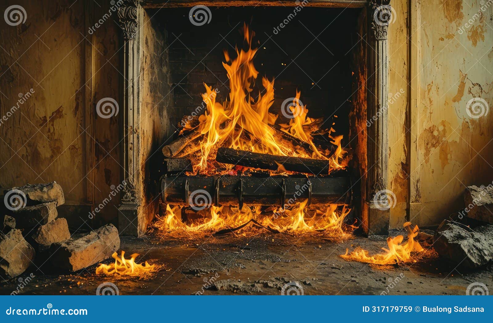 A Fireplace with a Fire Burning in it, with a Log on the Left Side and ...