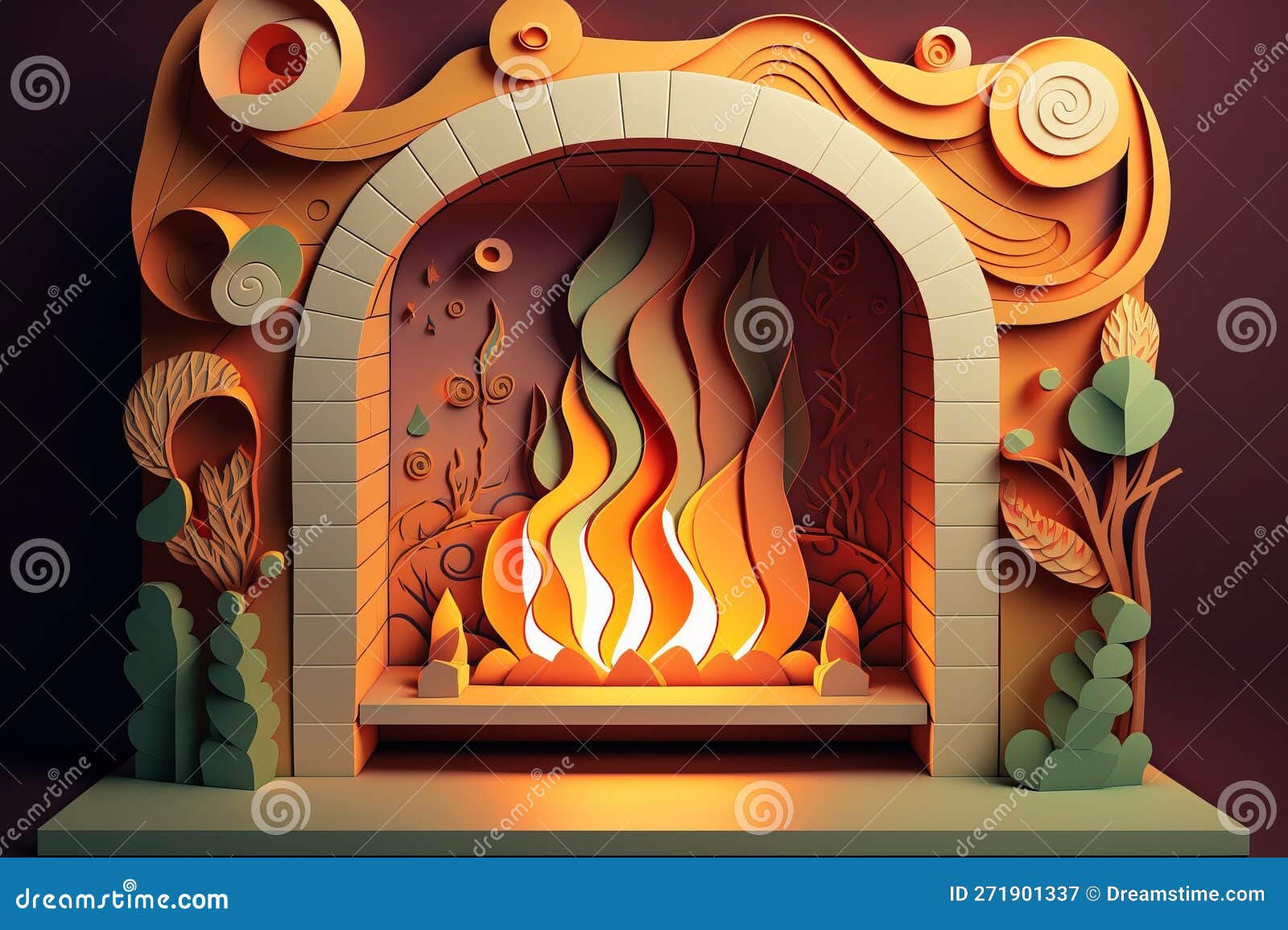 Fireplace with Fire and Plants Flowers Cut Out of Paper Generative AI ...