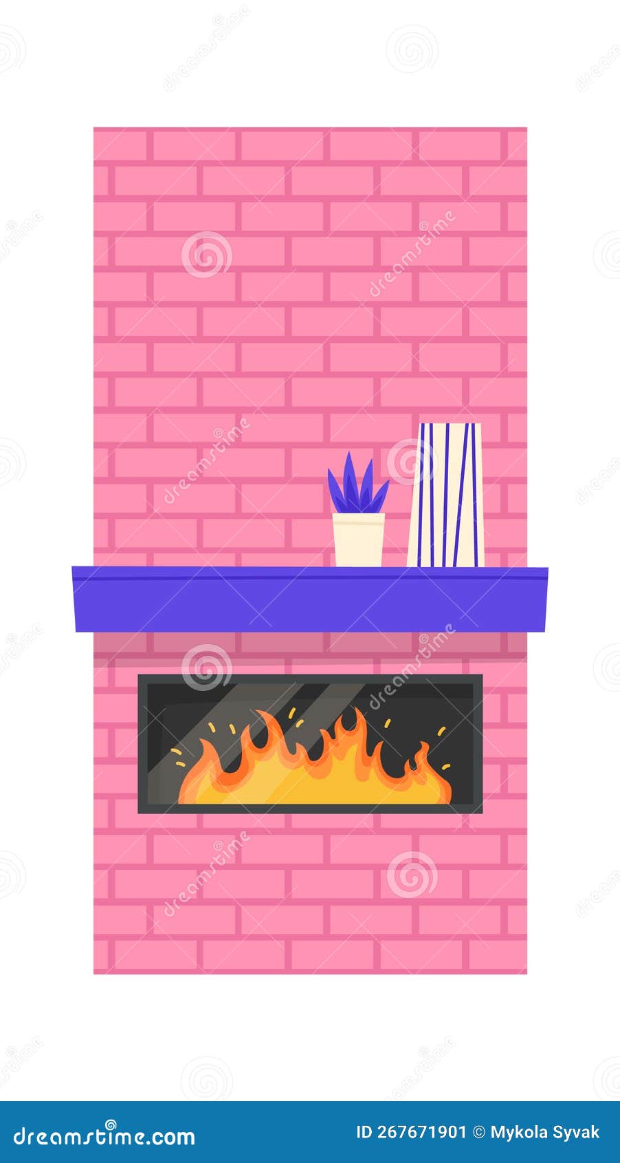 Fireplace Flat Icon Pink Brick Wall Interior Elements Stock Vector ...