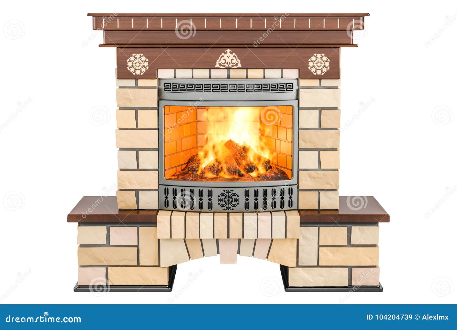 Fireplace Front View, 3D Rendering Stock Illustration - Illustration of ...