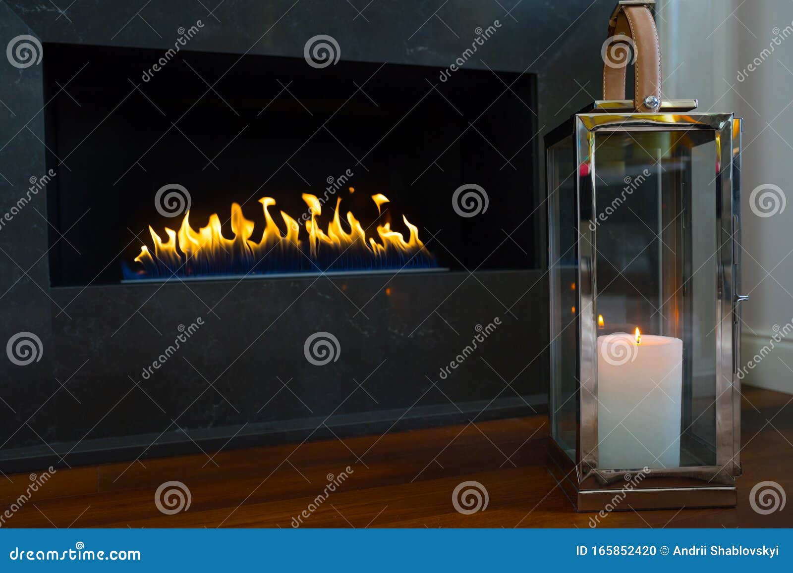 Fireplace and Lit Fire, Interior in New Luxury Home Stock Photo - Image ...