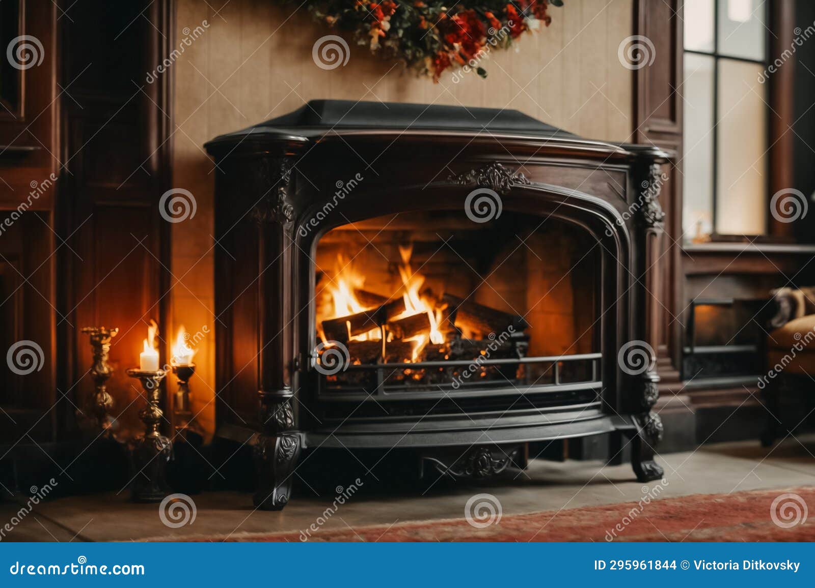 Fireplace lit in the room stock photo. Image of wall - 295961844