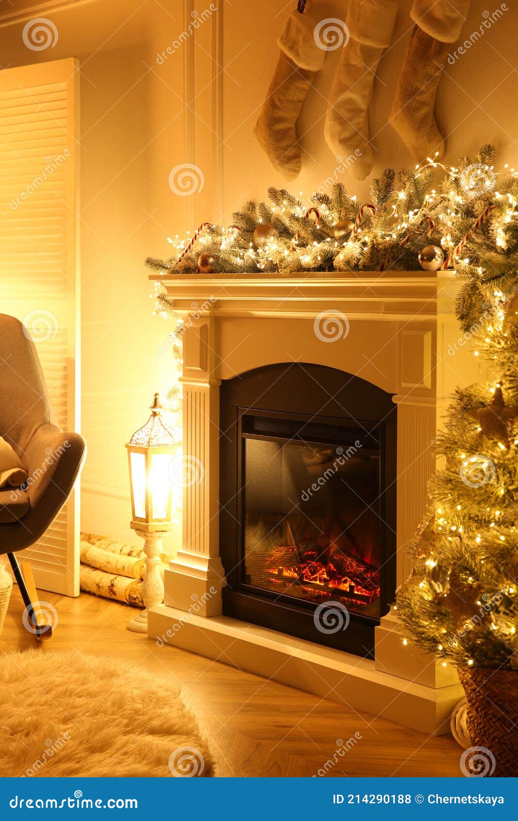 Fireplace in Living Room Decorated for Christmas Stock Photo - Image of ...