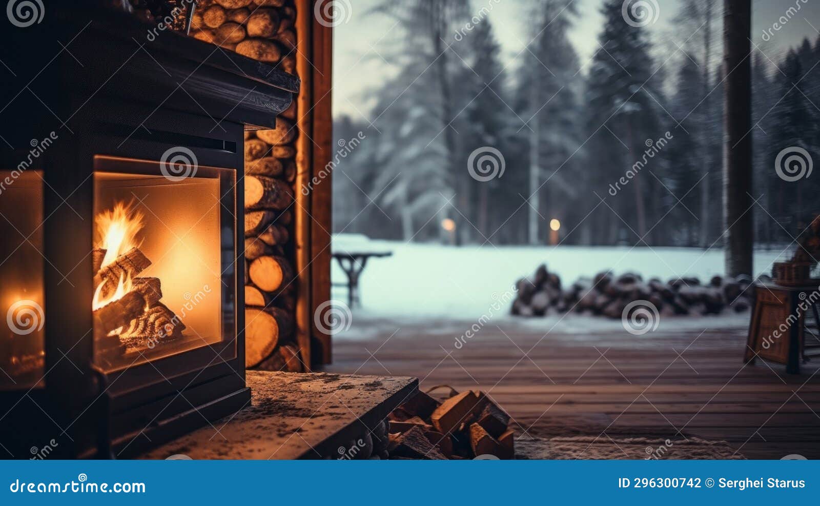 A Fireplace with Logs Burning in the Snow, AI Stock Photo - Image of ...