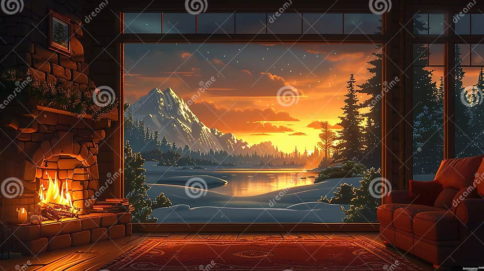 A Fireplace Positioned in Front of a Window Overlooking the Mountains ...