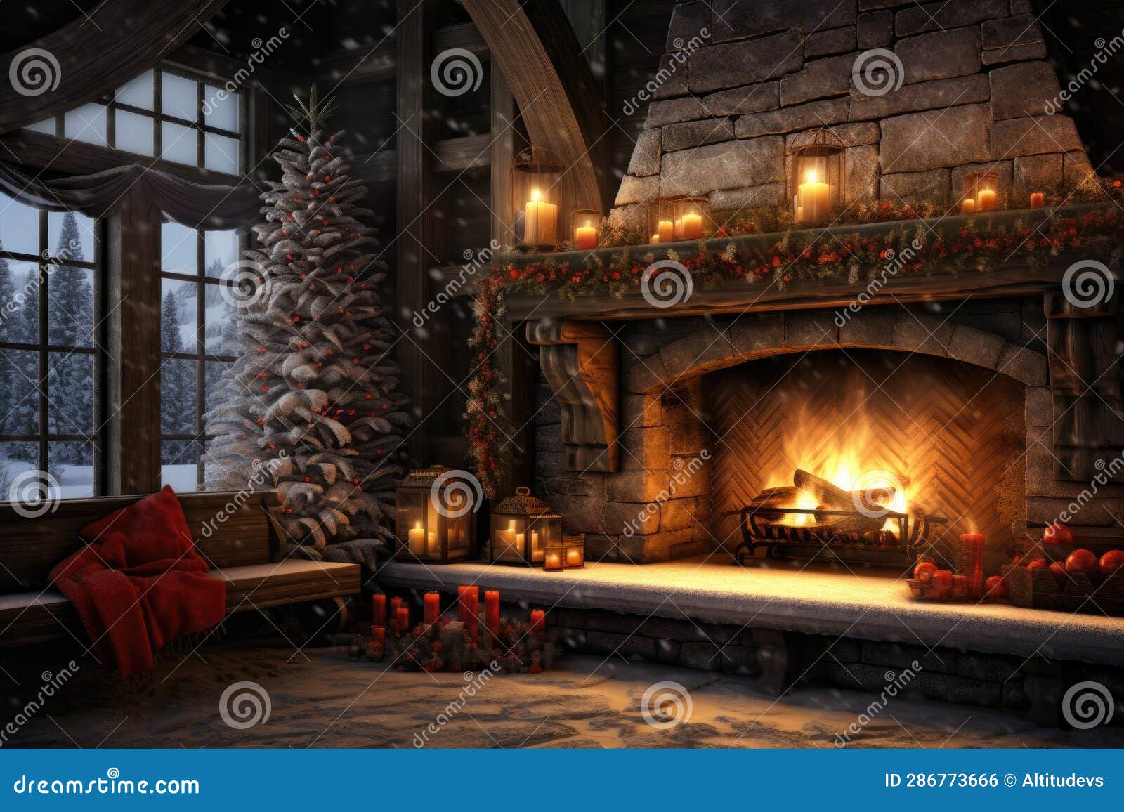 Fireplace with a Roaring Fire and Snow Falling Outside Stock ...