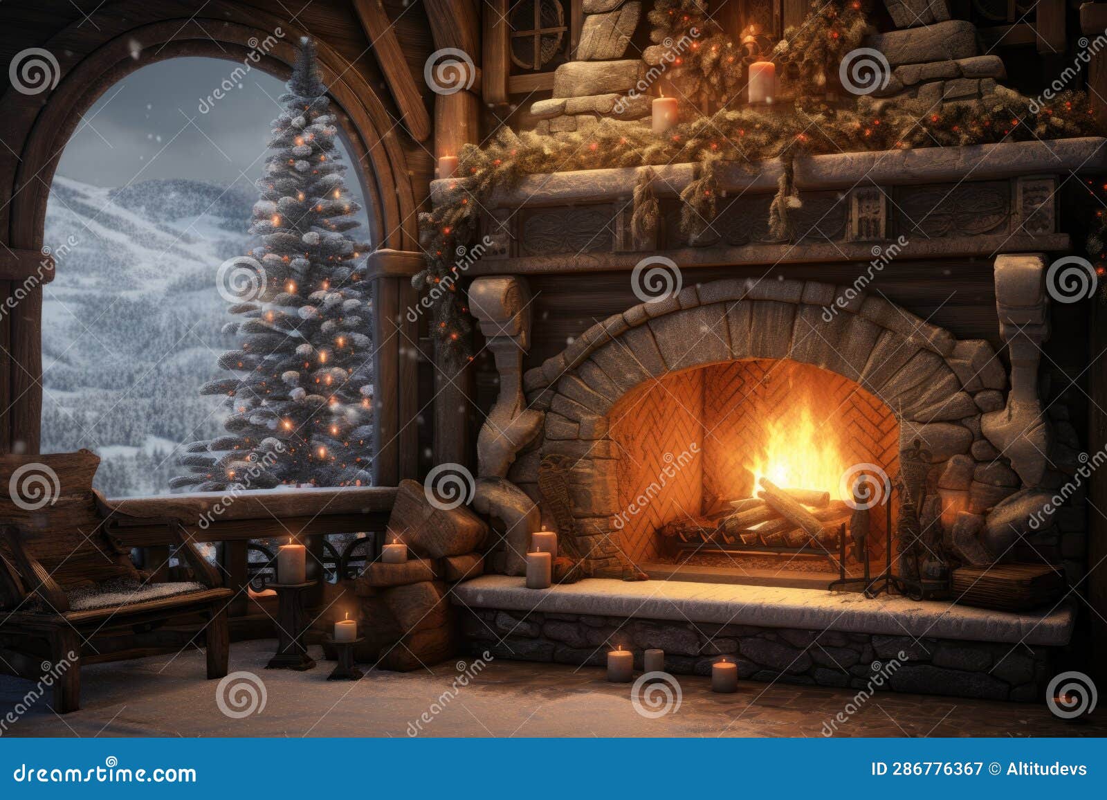 Fireplace with a Roaring Fire and Snow Falling Outside Stock Image ...