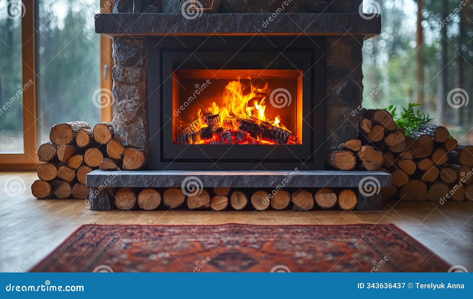 A Fireplace with a Roaring Fire in it Stock Image - Image of home ...