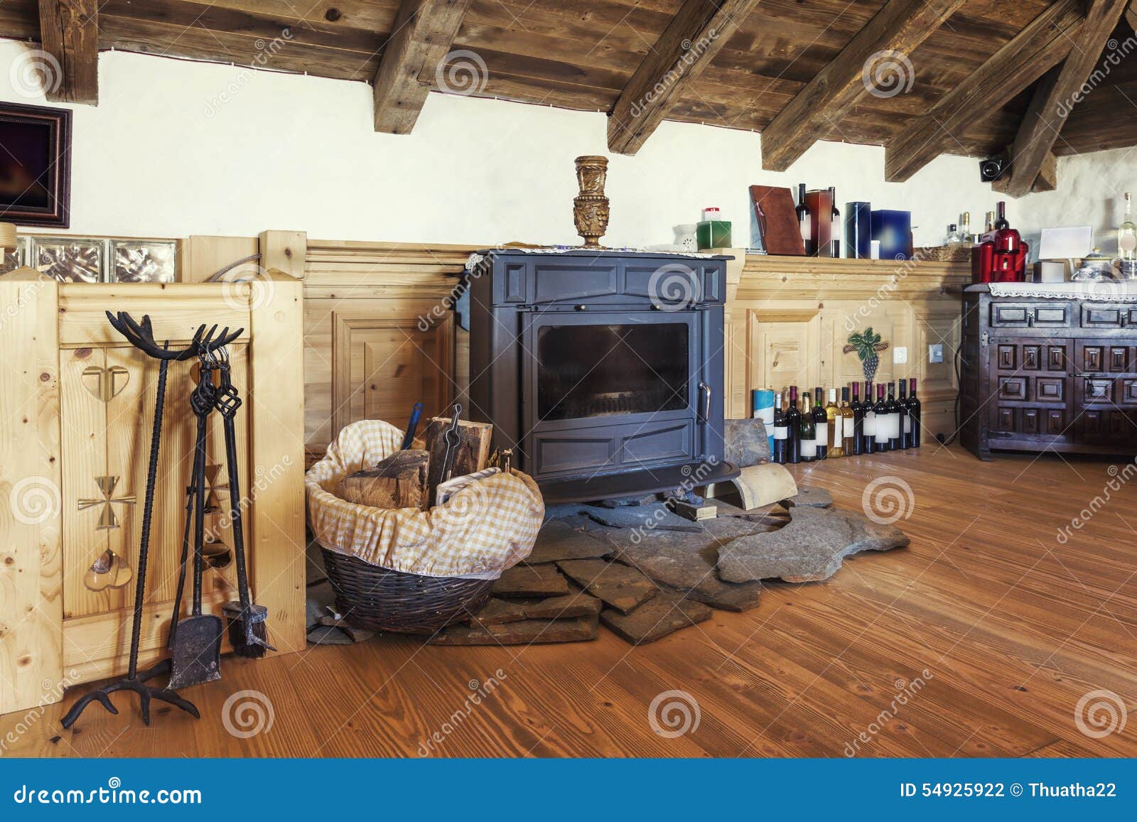 Fireplace in a Rustic Attic Room Stock Photo - Image of alcohol ...
