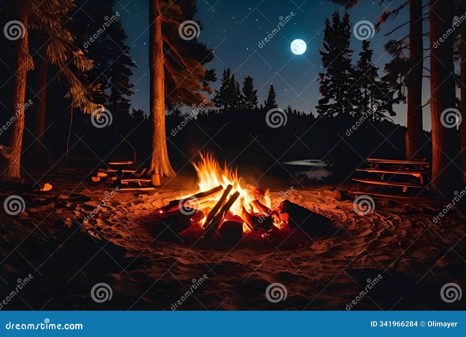 Camp Fire or Bonfire in the Moonlight. Stock Illustration ...