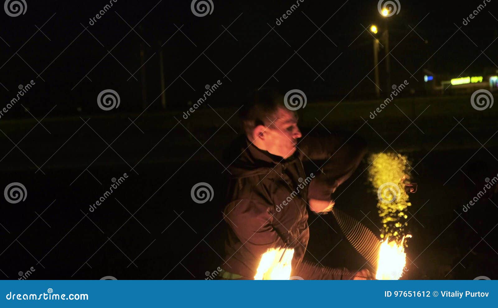 Fireshow Performance with Burning Torch at Night Outdoor 4k Stock ...