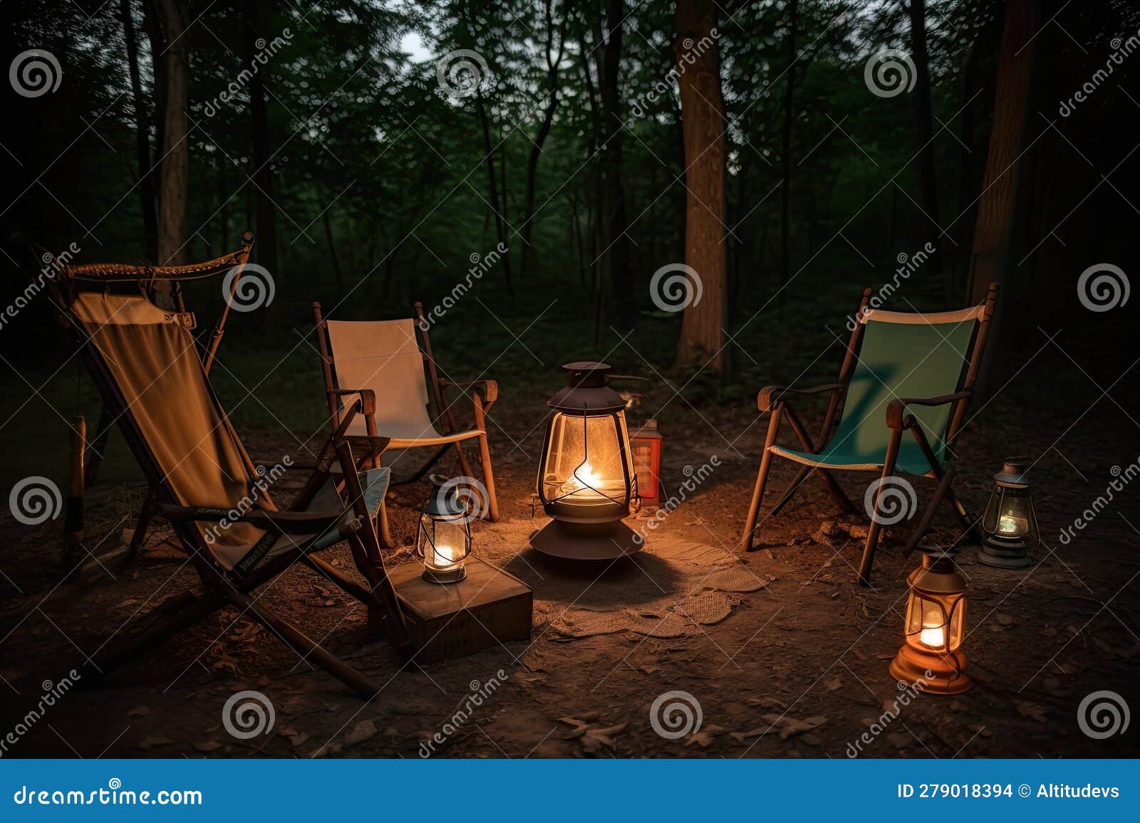 Fireside Camp Setup with Chairs and Lanterns for a Cozy Evening Stock ...