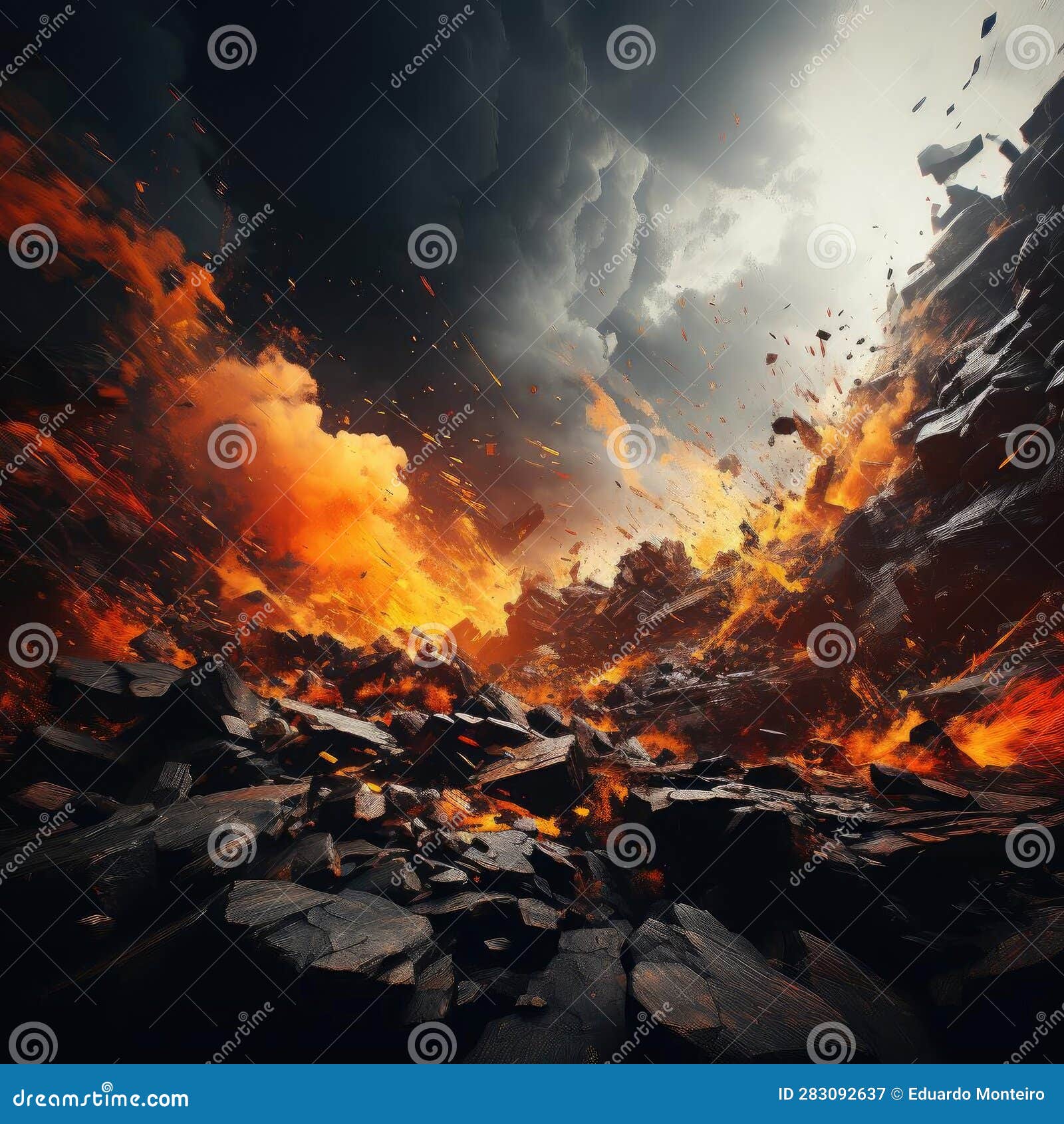 Firestorm of Fiery Rocks Bursting from the Ground Stock Illustration ...