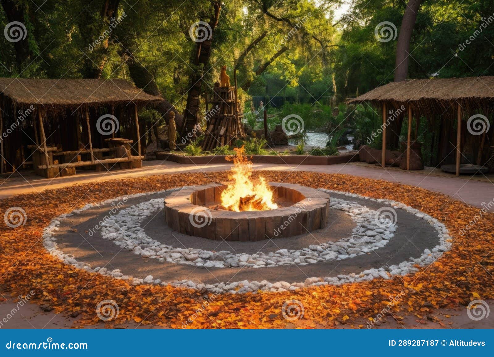 Firewalking Pit Surrounded by Ceremonial Decorations Stock Illustration ...