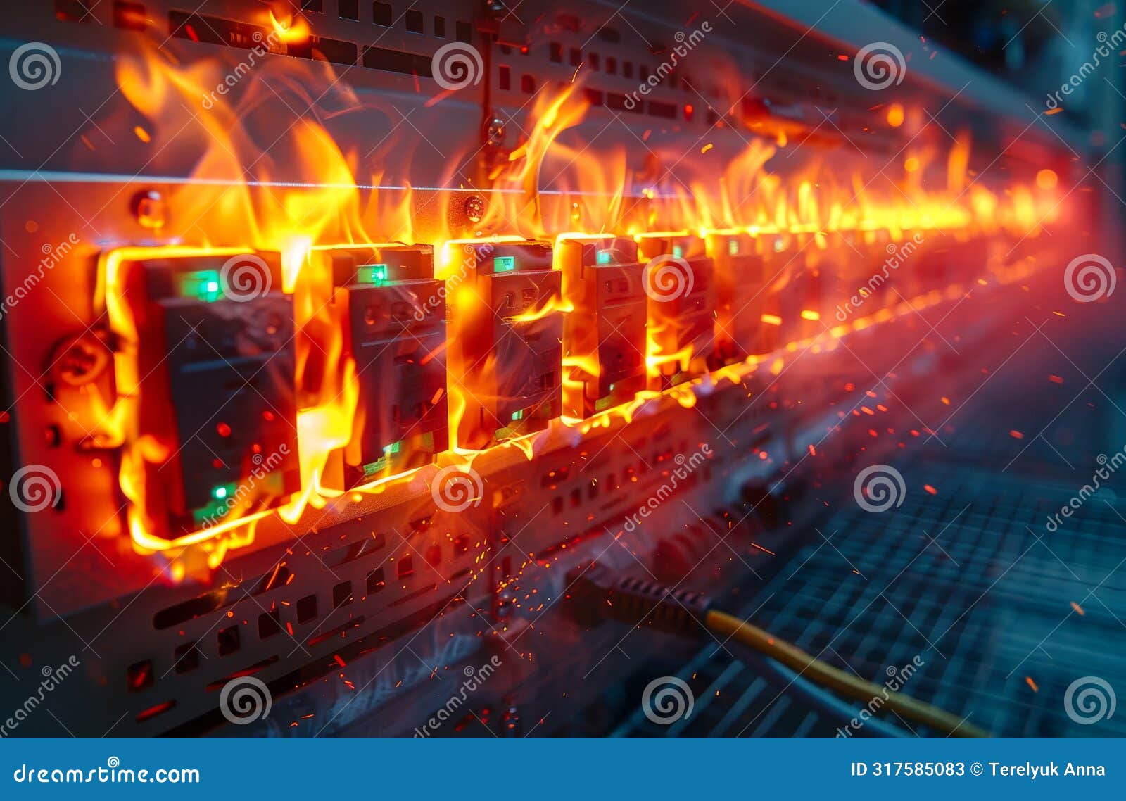 Firewall in Data Center. Network Switch and Cables in Fire on Data ...