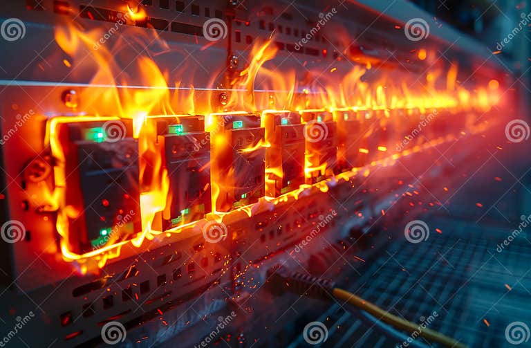 Firewall in Data Center. Network Switch and Cables in Fire on Data ...