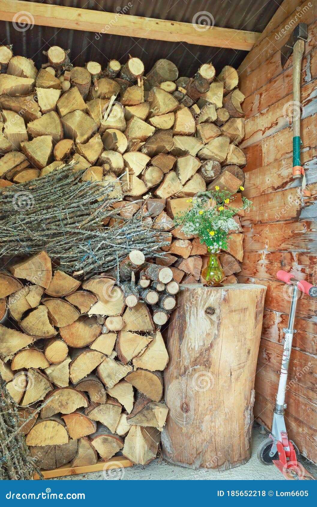 Firewood in a barn stock photo. Image of piece, huge - 185652218