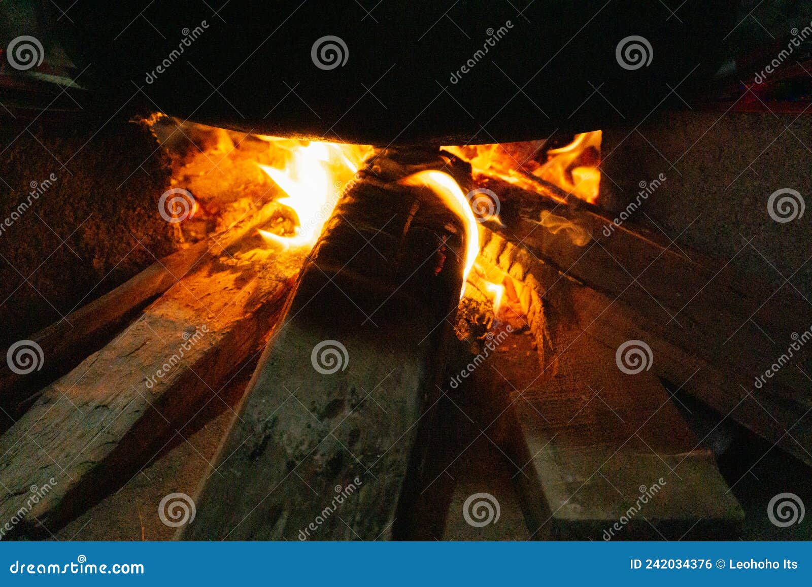 Firewood Burns Inside the Fireplace with Fire and Smoke Stock Photo ...