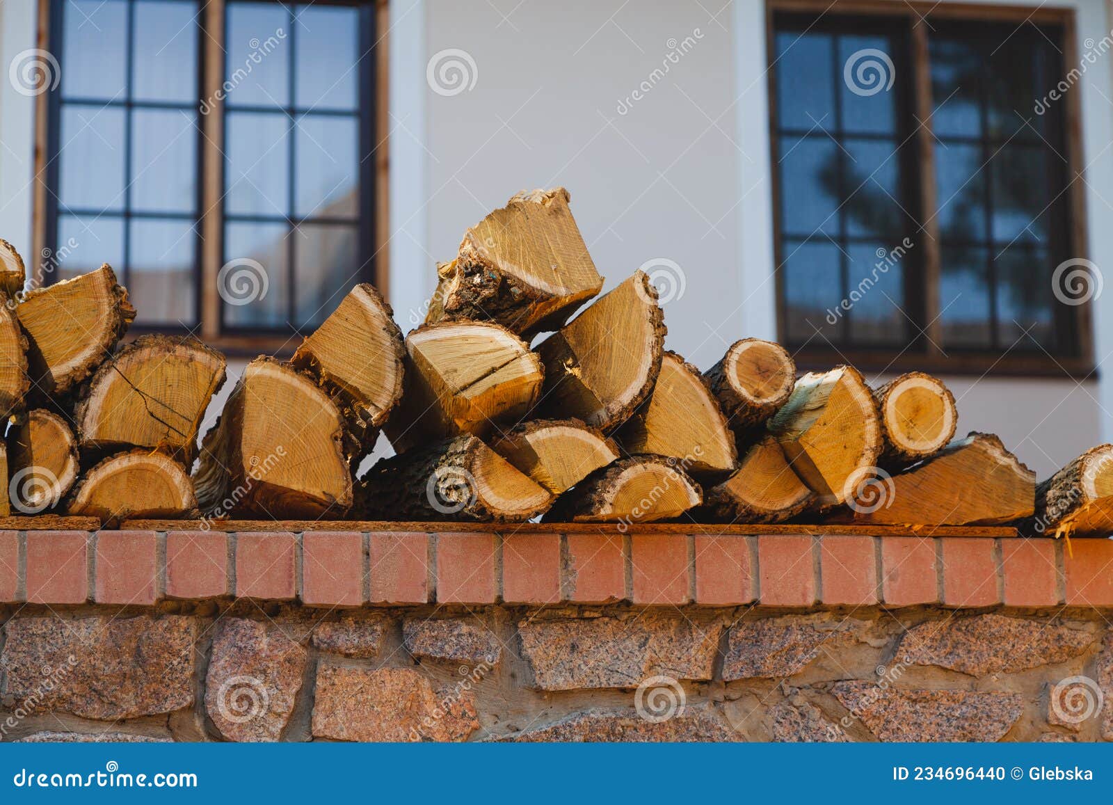Firewood of Different Shapes are Stacked in Row in Yard Stock Photo ...