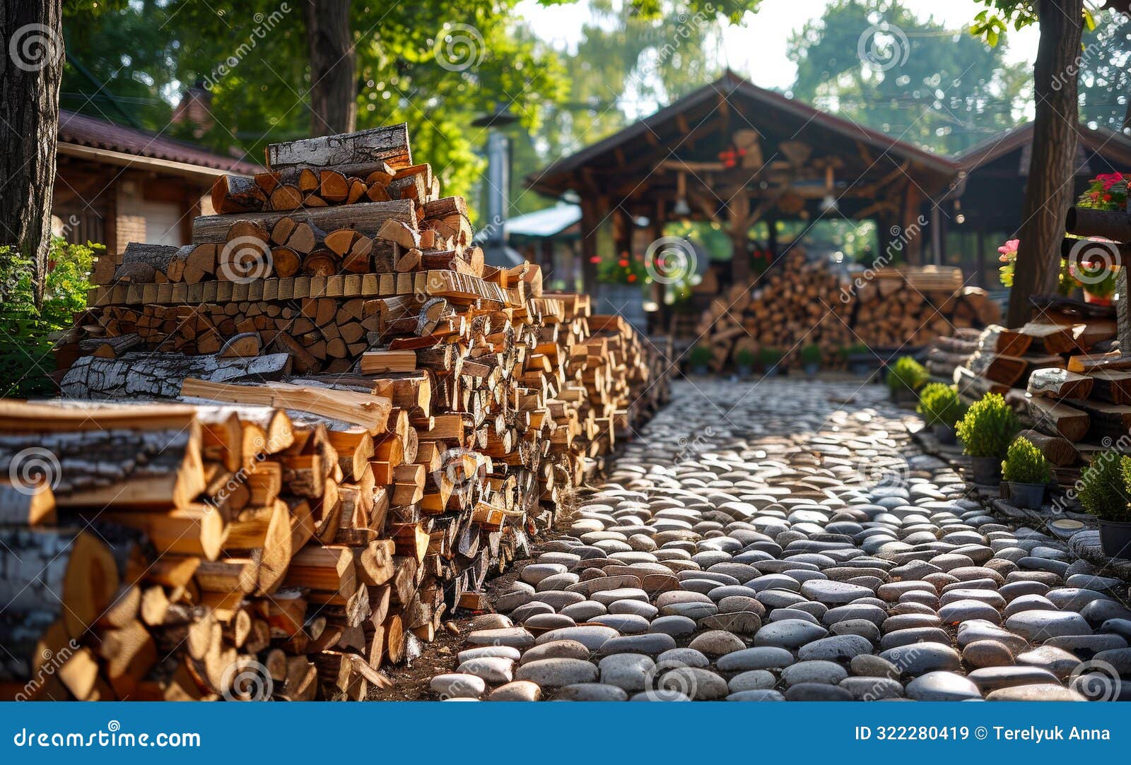 Firewood and Hut in the Background. Stacked Pile of Firewood Timber ...