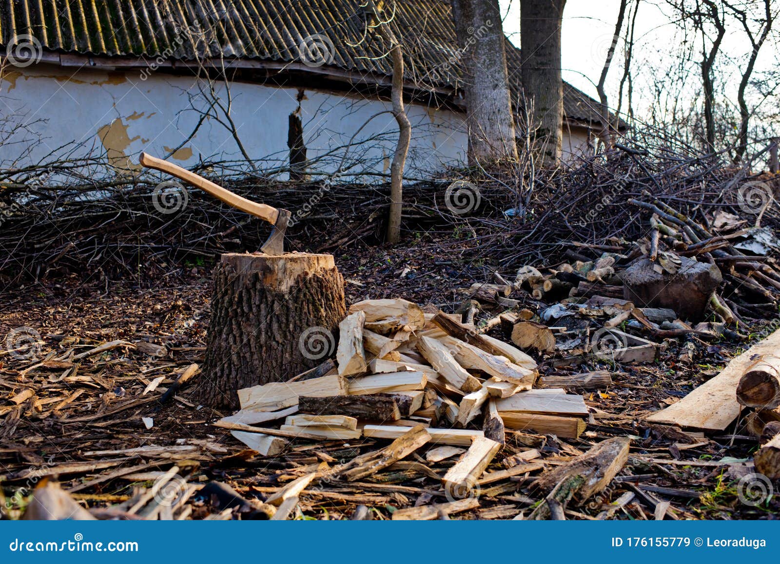 Firewood and Old Splitting Axe. Stock Image - Image of object, rural ...
