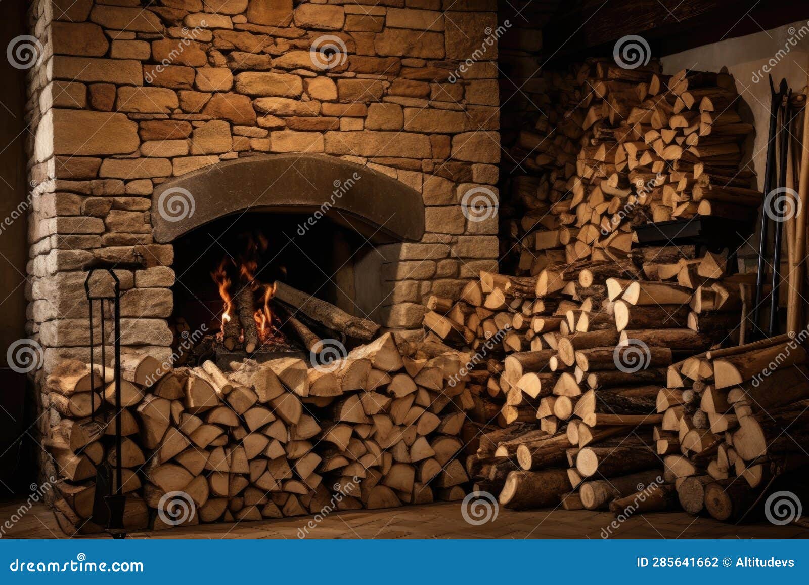 Firewood Stacked Neatly beside a Stone Fireplace Stock Illustration ...