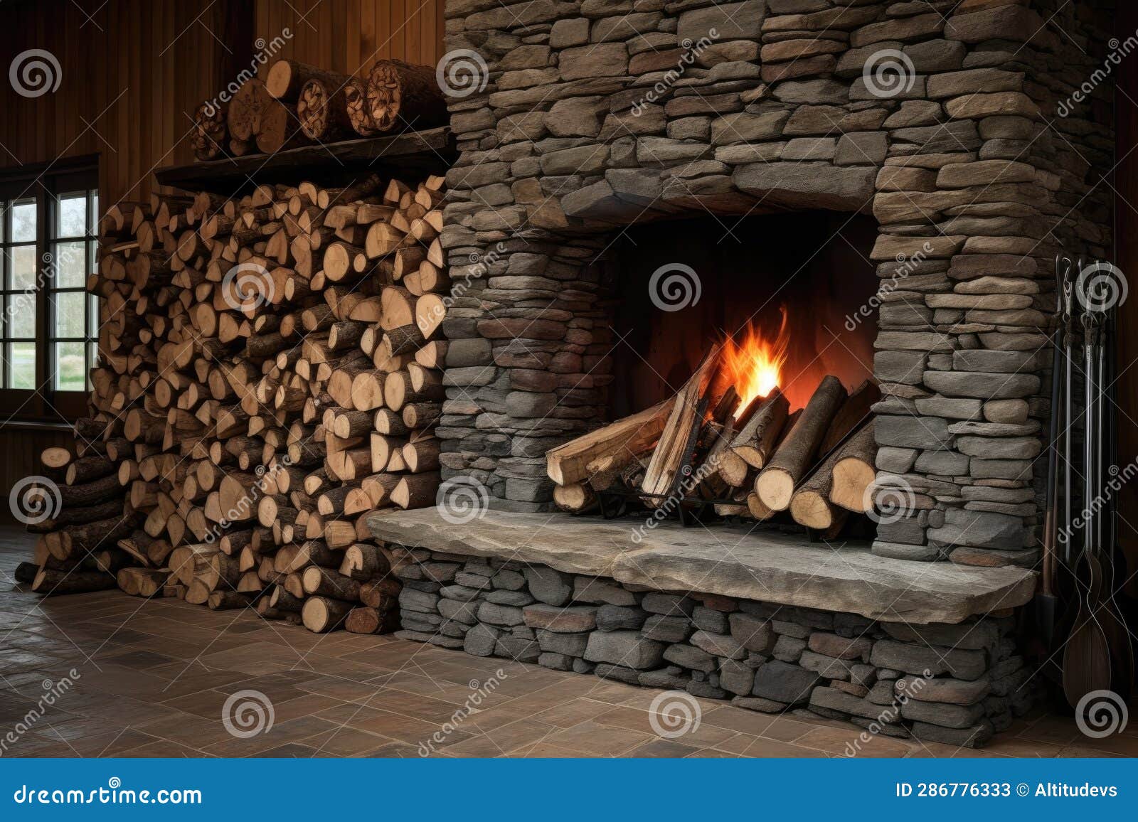 Firewood Stacked Neatly beside a Stone Fireplace Stock Image - Image of ...