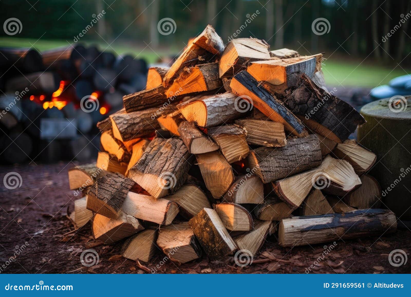 Firewood Stacked Next To a Burning Bonfire Stock Image - Image of ...