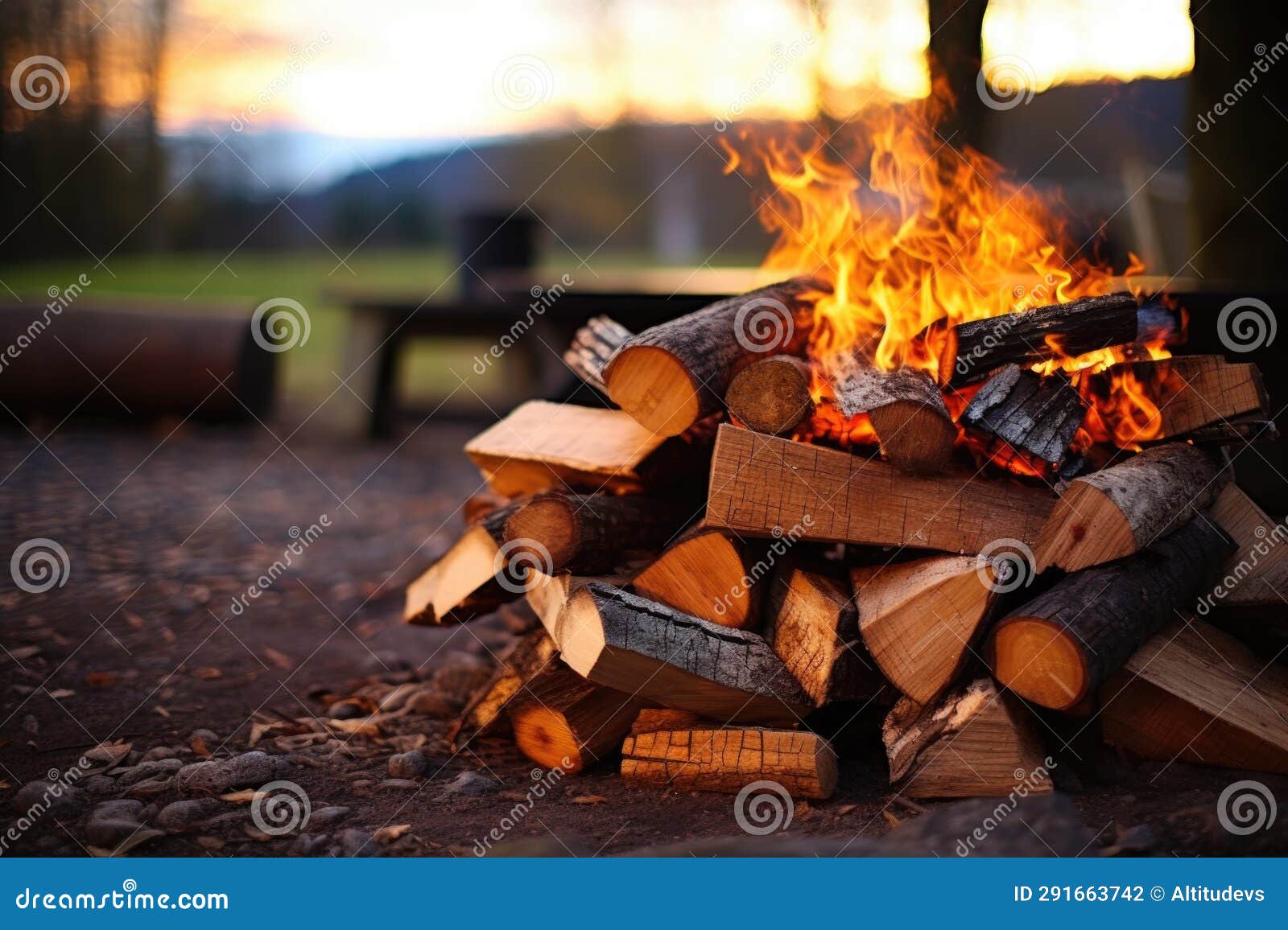 Firewood Stacked Next To a Burning Bonfire Stock Photo - Image of heat ...