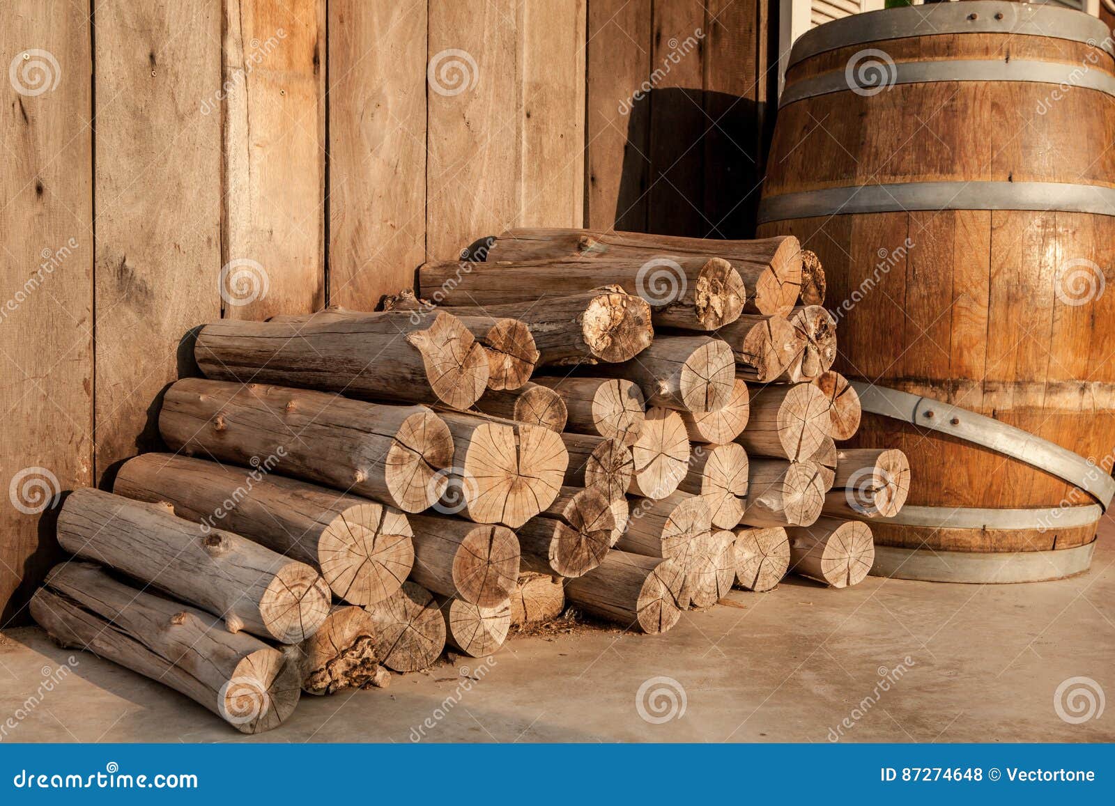 Firewood Stick and Wooden Barrel. Stock Photo - Image of pile ...
