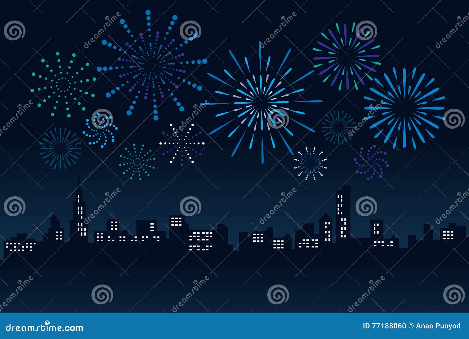 Firework and Cityscape Building in Night Scene Vector Illustration ...