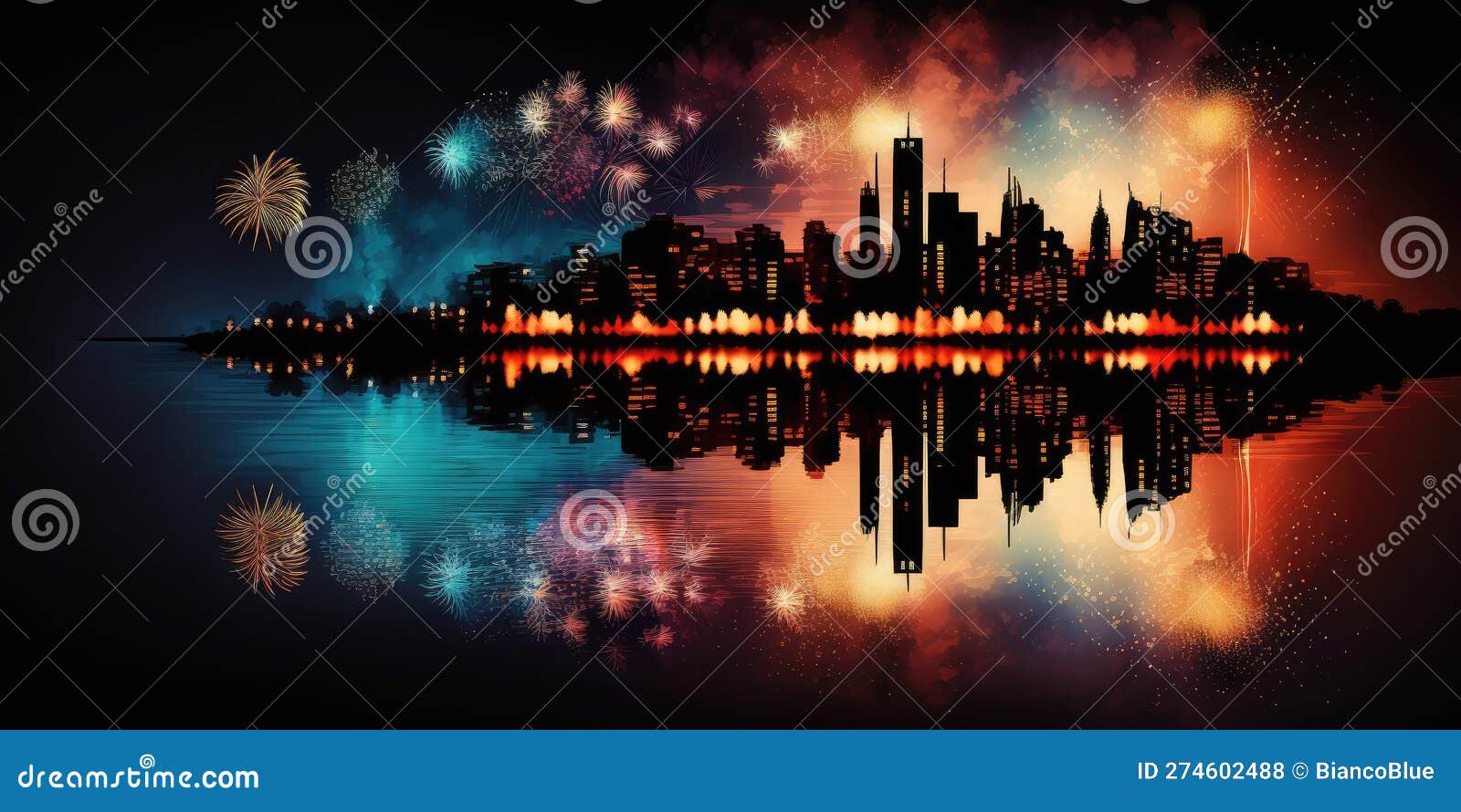 Firework Explode Over City Skyline at Night Stock Photo - Image of ...