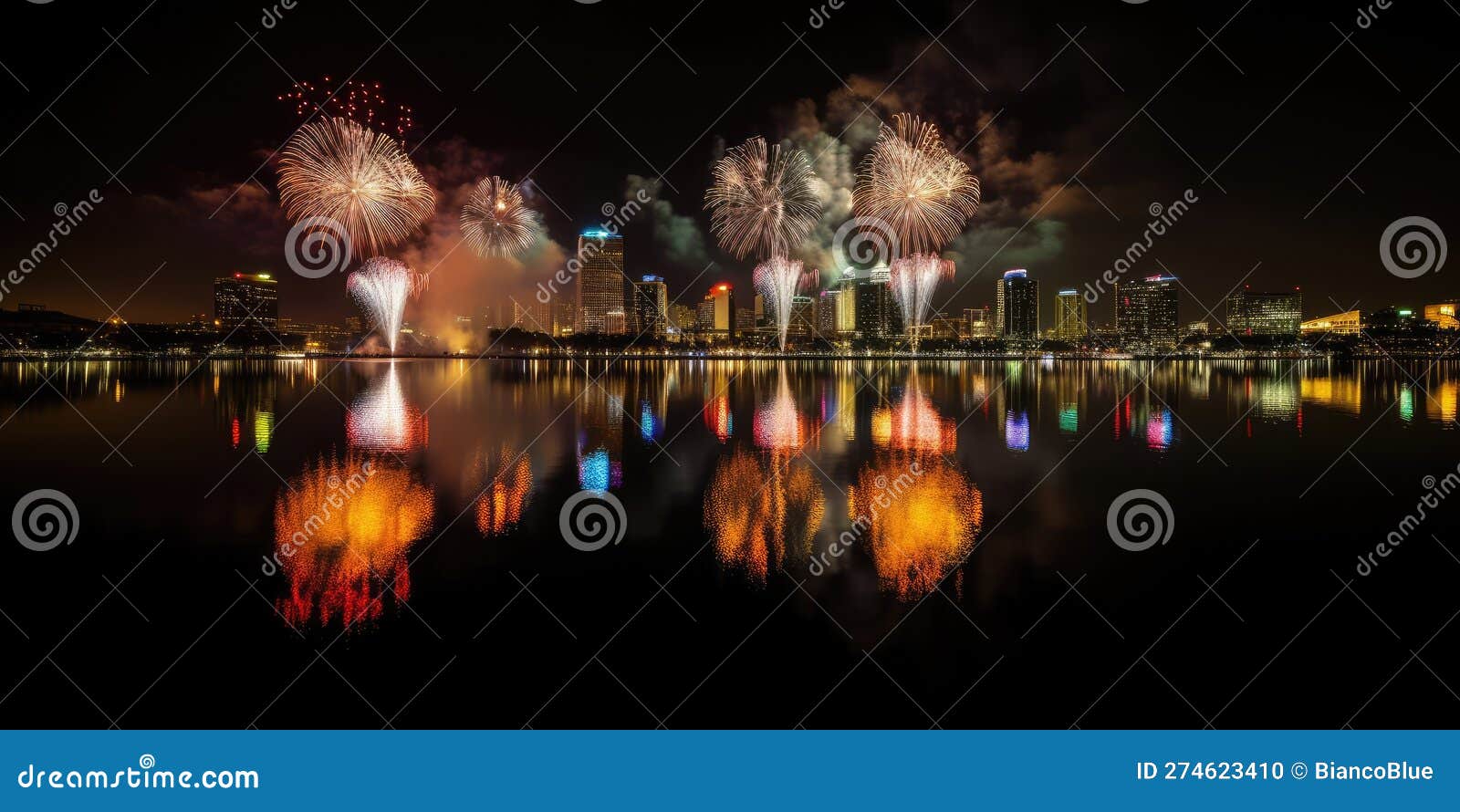 Firework Explode Over City Skyline at Night Stock Photo - Image of city ...