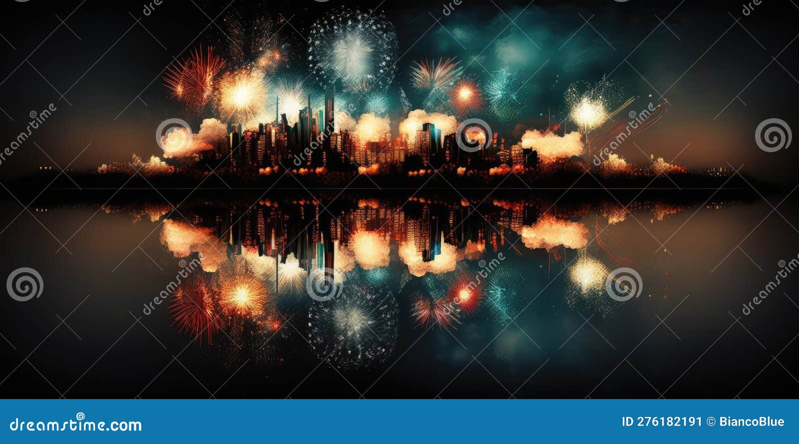 Firework Explode Over City Skyline at Night Stock Image - Image of year ...