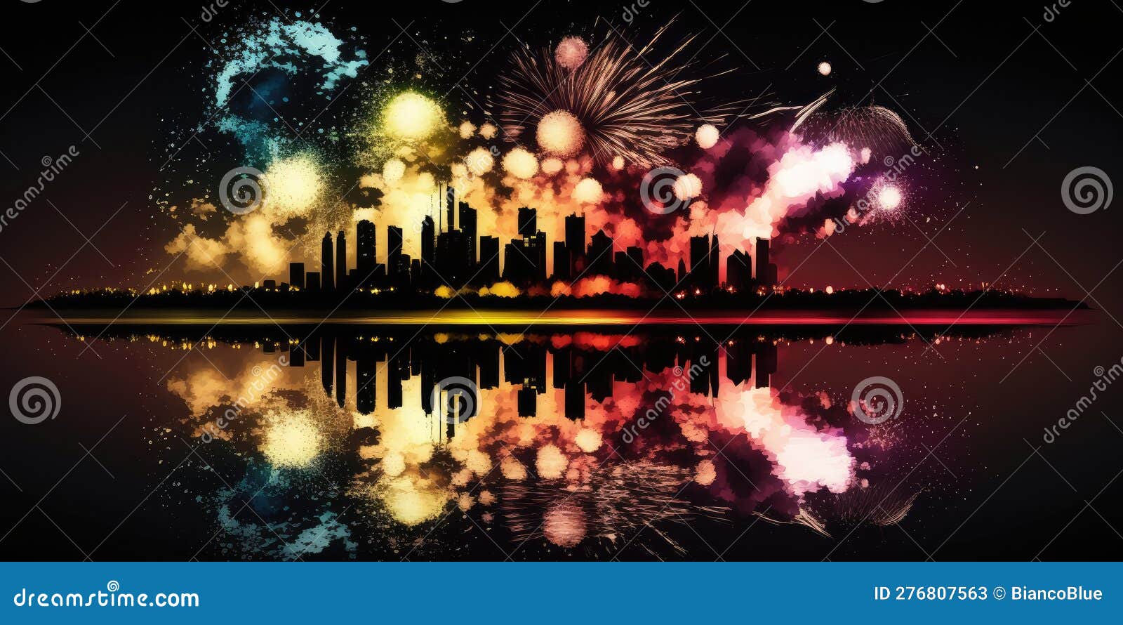 Firework Explode Over City Skyline at Night Stock Illustration ...